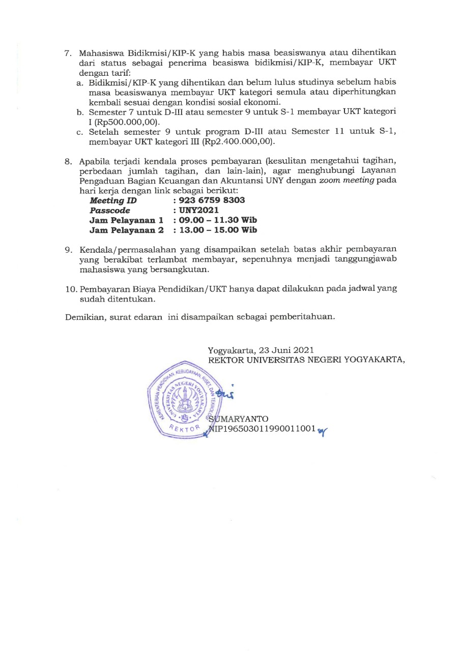 KETENTUAN PEMBAYARAN BIAYA PENDIDIKAN/UKT SEMESTER GASAL 2021/2022 | Universitas Negeri Yogyakarta